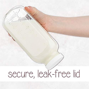 kitchentoolz 32oz Square Glass Milk Bottle with Plastic Airtight Lids, Reusable Dairy Drinking Containers for Refrigerator with Measurement Marks, Yogurt, Smoothies, Kombucha, Water- 4 Pack