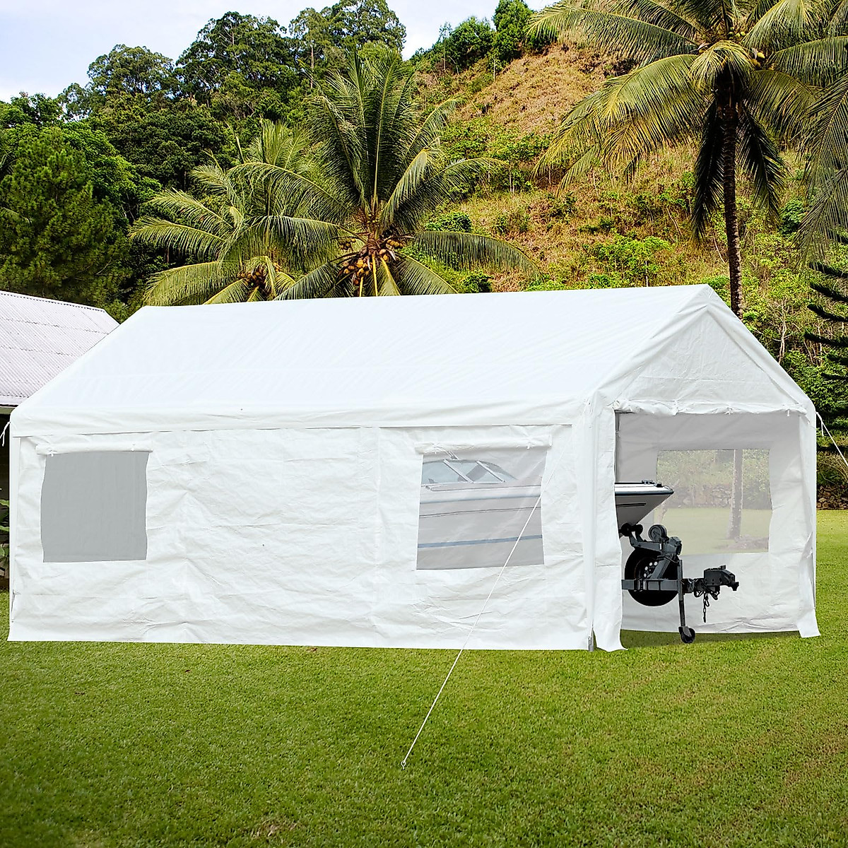 Aoodor 20 x 12 FT. Vehicle Carport Canopy Portable Garage Party Canopy Tent Boat Shelter, Heavy Duty Metal Frame with Removable Rool-up Sidewalls and Doors, White