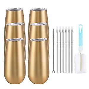6 Pack Stemless Double Insulated Champagne Flute Tumbler with Lid, 6 Oz Unbreakable Reusable Cocktail Cups Champagne Toasting Glasses, Birthday Christmas Gifts for Friends, Wine Glass Tumbler, Golden