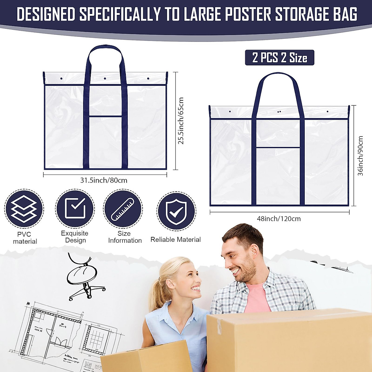 Windyun 2 Pcs Large Poster Storage Bag 48 x 36 Inches 31.5 x 25.5 Inches Bulletin Board Holder Classroom Organization and Storage Poster Storage Container Art Portfolio Case(Blue)