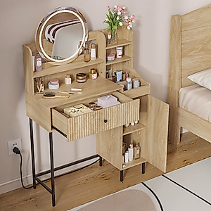 Jluomei Fluted Makeup Vanity Desk with Mirror and Lights Modern Makeup Vanity with Drawer Storage LED Makeup Table with Power Outlet Small Boho Vanity Desk for Bedroom Dressing Room, Natural