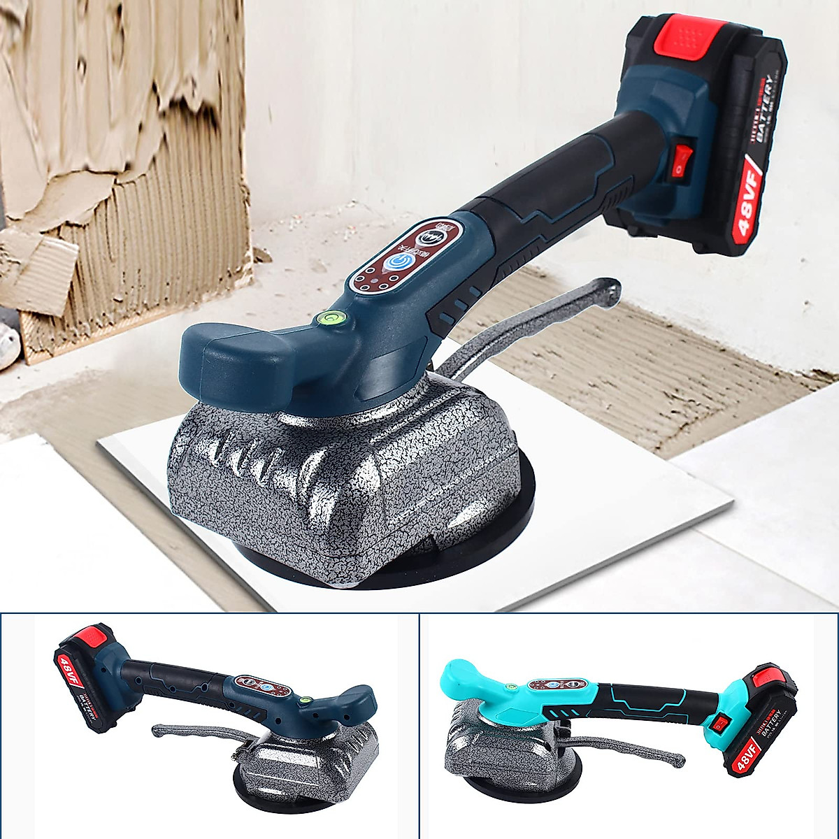 Hand-held Tile Tiling Machine 48VDC Tile Tiler Automatic Portable Tile Leveling Machine Vibrator Suction Cup Floor Plasterer Leveling Tool Fit for 100KG 120x120cm (A, 2 x Battery + 1 x Charger)