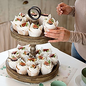 Hallops Wood 2 Tiered Tray | Rustic Farmhouse Decor | Rustic Serving Cake Stand | Galvanized Kitchen Table | Fall Decor | Food and Party Display(Brown)