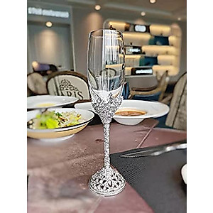 Jozen Gift Champagne Flutes - Crystal Glass Metal Base With Crystal Stones, Set of 2 Toasting Flute Pair, Wedding Anniversary Party Birthday Banquets and Gifts for Bride and Groom7oz