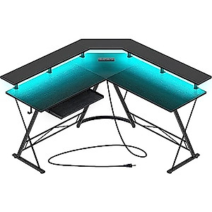 Rolanstar L Shaped Computer Desk with LED Lights and Power Outlets, 54" Gaming Desk with Keyboard Tray, Corner Desk with Monitor Stand, Home Office Desk with Hook, Black