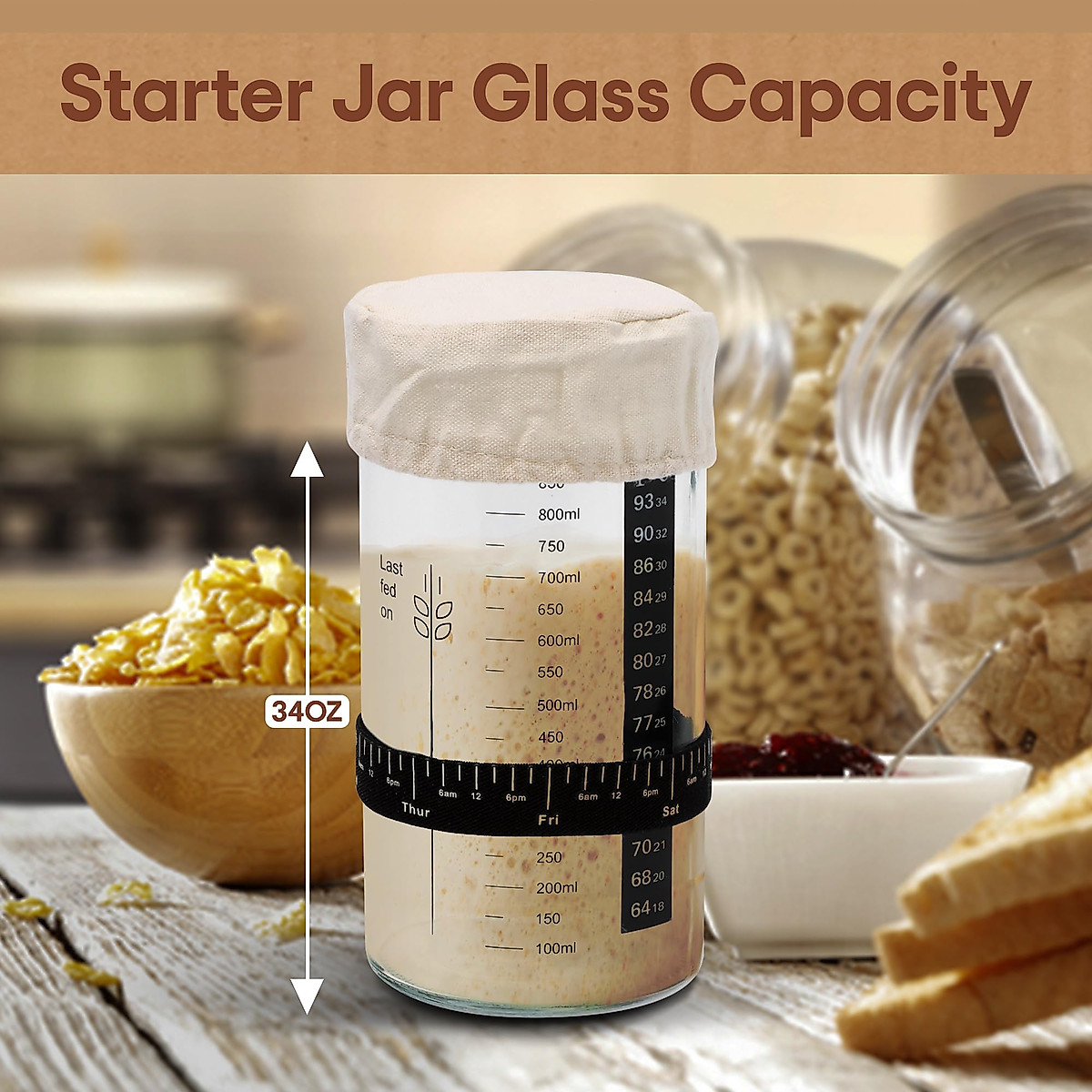 SourDough Starter Jar Kit Large 34oz. Wide Mouth Glass Jar with Scraper, Spatula, Cloth Cover, Feeding Band, Aluminum Lid, Temperature Strip, Instructions, Home Bread Baking Supplies, Fermentation Jar