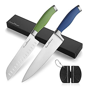 GrandMesser Kitchen Knives, 2 Piece Ultra Sharp 8 inch Chef Knife and 7 inch Santoku Knife, German Carbon Stainless Steel Forging Cooking knife Set, with Ergonomic Handle and Gift Box
