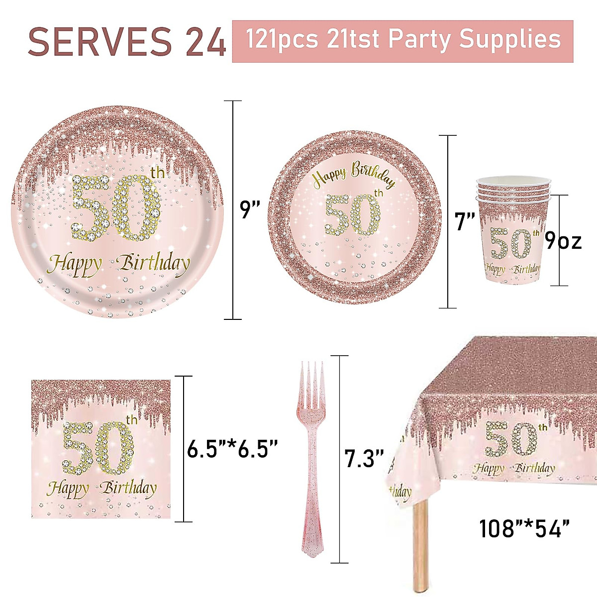 121Pcs 50th Birthday Party Supplies Plates Napkins Cups Forks Tablecloth Rose Gold Happy 50th Birthday Themed Disposable Tableware Decorations Serves 24 Guests for Women 50 Years (50th rose gold)