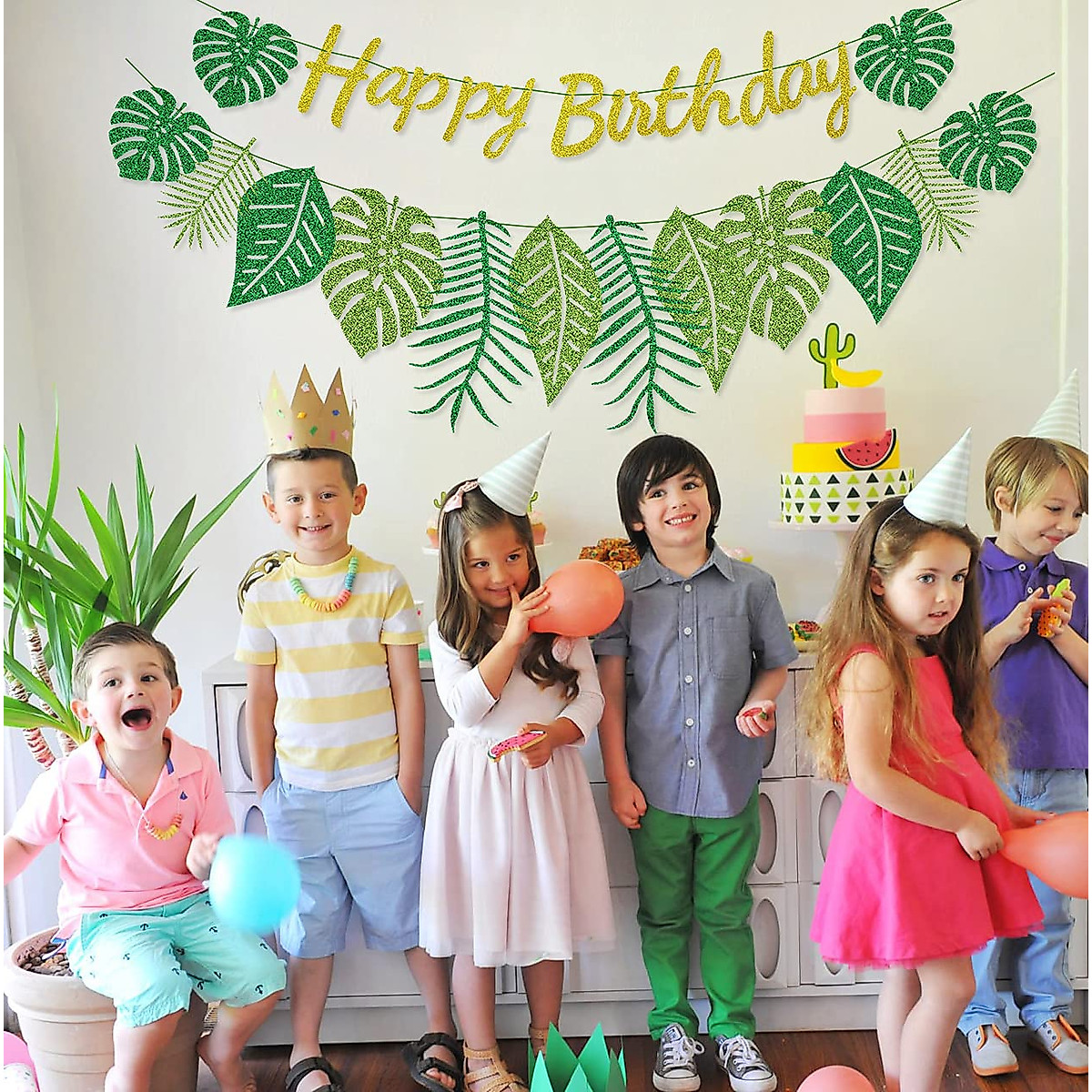 Hawaiian Party Happy Birthday Banner - Hawaiian Party Decoration, Birthday Banner for Luau Party Supplies, and Tropical Party Palm Leaf Decorations Glitter Decor