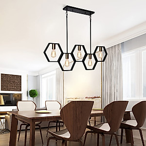 ACNKTZ 5-Light Dining Room Light Fixtures Over Table, Industrial Kitchen Island Lighting, Adjustable Height Hanging Rectangular Chandelier, Modern Pool Table Lights, Black/Gold Finish