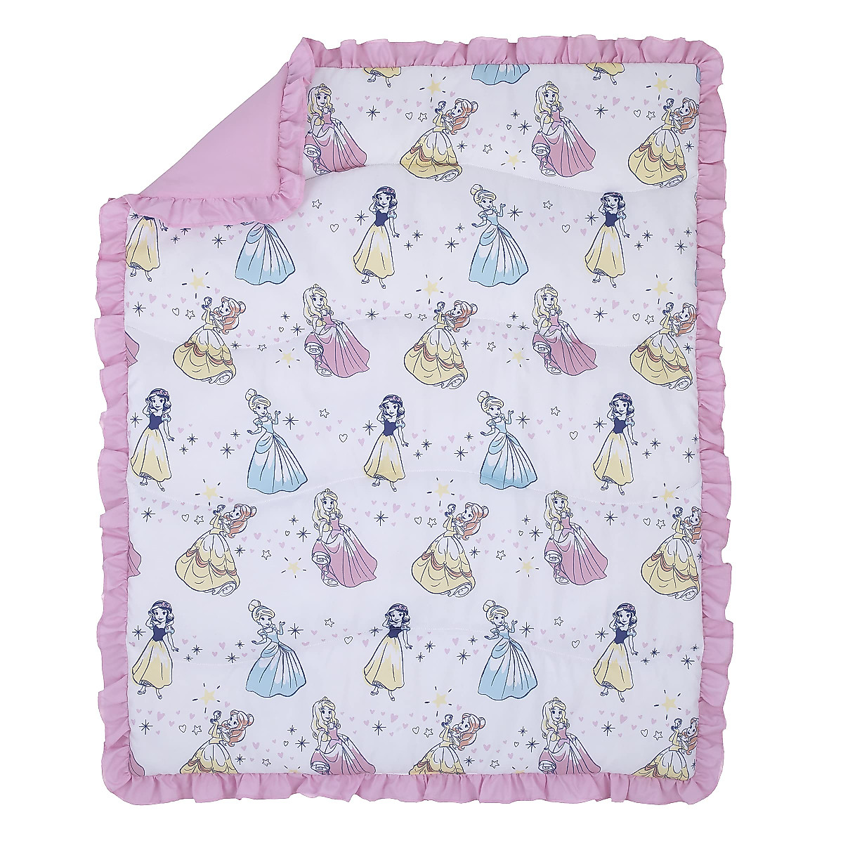 Disney Little Princess Pink, Blue, Yellow and White Stars and Hearts Cinderella, Snow White, Belle and Aurora 6 Piece Nursery Crib Bedding Set