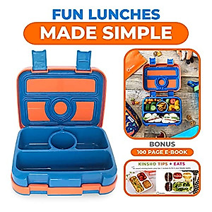 kinsho Bento Lunch Box for Kids Toddlers Boys, 5 Portion Sections Secure Lid, Microwave Safe BPA Free Removable Tray, Pre-School Kid Daycare Lunches Snack Container Ages 3 to 5, Blue Orange