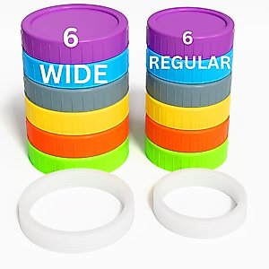 HELPFUL HOME Mason Jar Lids, Canning Lids - Leakproof, Easy to Use, Versatile Usage, Bright & Colorful, Dishwasher Safe, Fits BALL, KERR & More, Pack of 12 (6 Wide Mouth & 6 Regular Mouth)