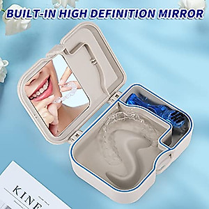 Annhua Denture Cup Bath Box Case with Mirror and Cleaning Brush, Dental Case with Brush Retainer Cleaning Case Mouth Guard Storage Soaking Cup Holder for Travel, Office, Household Use