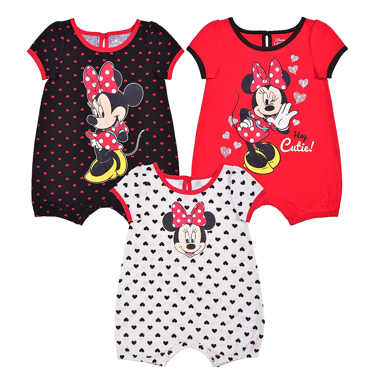 Disney Baby Minnie 3 Pack Rompers,Red/Black/White, 12 Months