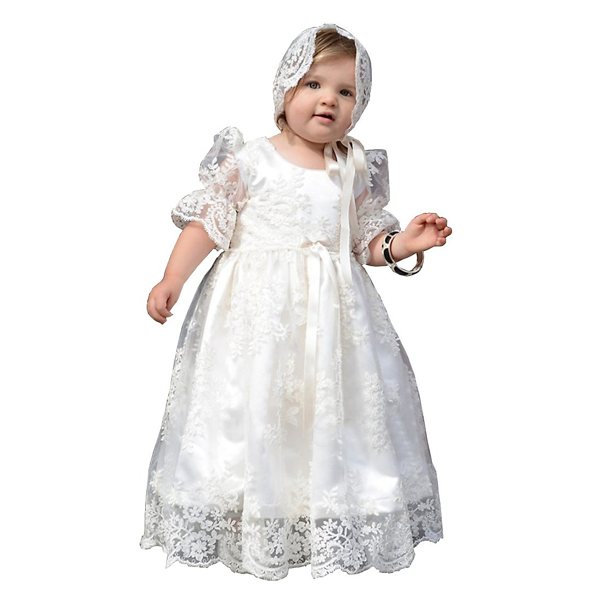 Aorme Long White Lace Bonnet Christening Gowns for Girls with Buttons Half Sleeves