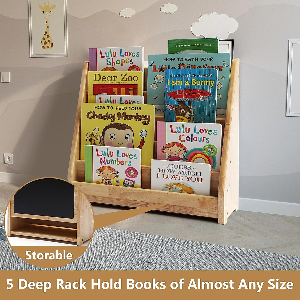 Nuoex Montessori Bookshelf for Toddler 1-5 Years, Kids Wooden 5-Tier Front Facing Book Display Shelf with Chalkboard for Bedroom,Playroom,Classroom,Book Rack Organizer, Natural