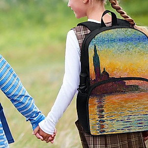 Rivatimrio The Twilight of San Giorgio Church Monet Backpack Boys Girls School Impressionism Oil Painting Rucksack Middle High School Bags Double Zipper Rucksack Teenagers
