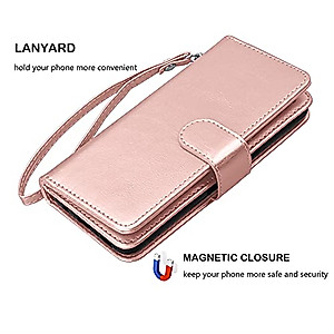 NJJEX Compatible with iPhone 13 Pro Case/iPhone 13 Pro Wallet Case 6.1" (2021), [9 Card Slots] PU Leather ID Credit Holder Folio Flip [Detachable] Kickstand Magnetic Phone Cover & Lanyard [Rose Gold]