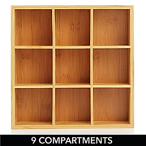 mDesign Bamboo Kitchen Pantry Storage Organizer Box - 9 Divided Sections, Open Top, Decorative Holder for Tea Bags, Snack Packets, Small Items, Accessories, Echo Collection - Natural Wood/Tan