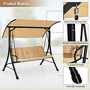 Tangkula 3 Person Porch Swing, Outdoor Swing with Removable Cushions, Solid Steel Structure, Patio Swing with Adjustable Canopy for Garden, Backyard, Balcony, Poolside