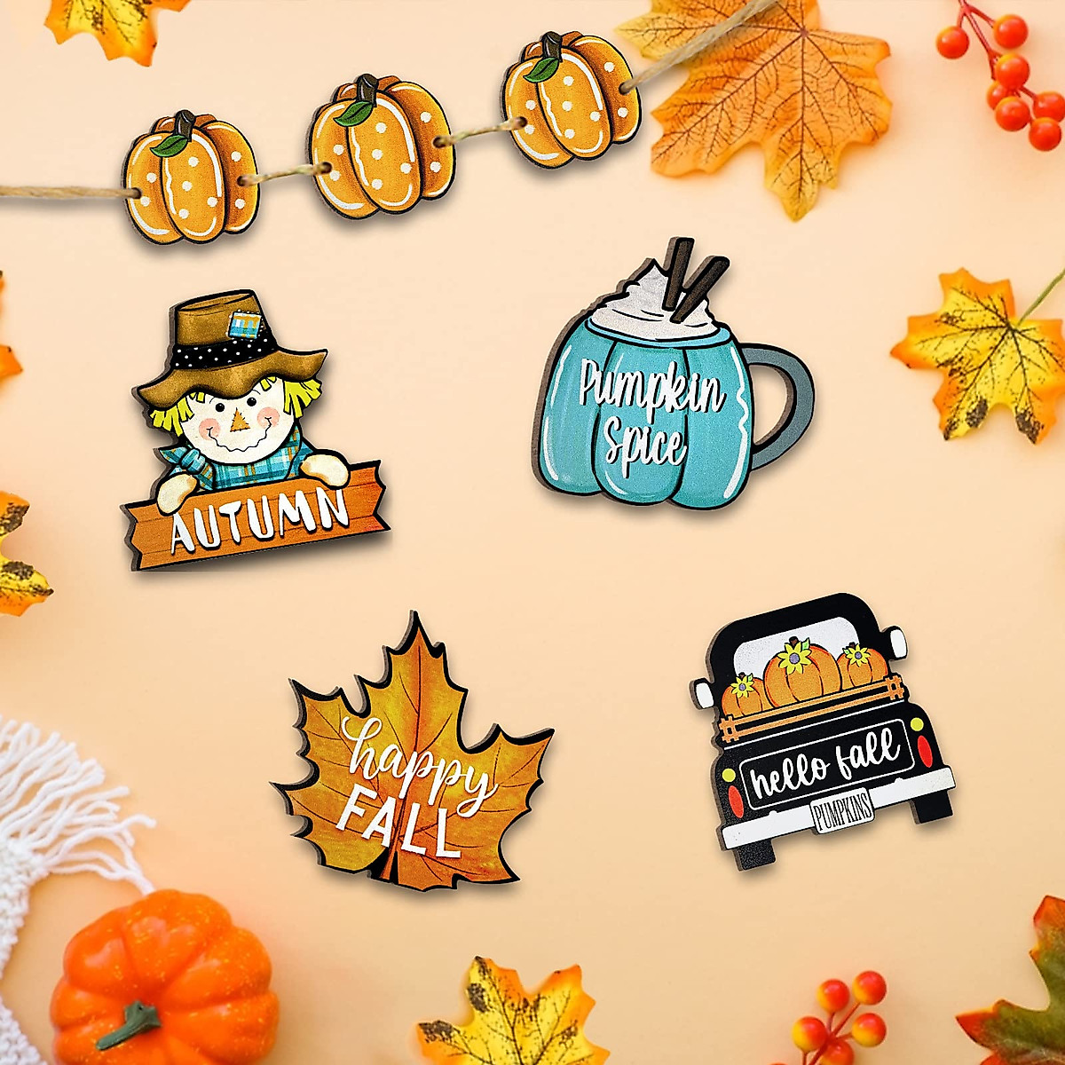 Guoofu Fall Scarecrow Tiered Tray Decor, Farmhouse Pumpkin Tray Decorations, Happy Fall Maple Leaf Truck Pumpkin Spice Wooden Signs, Autumn Thanksgiving Rustic Home Decor for Party Tabletop