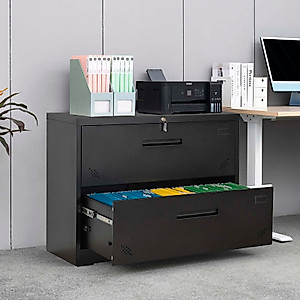 Modern Metal Lateral File Cabinet with Lock, Locking Wide File Cabinet with Large Drawer, Large Deep Storage Cabinet Locked by Keys for Home Office Letter/Legal/F4/A4 Size (Black2)