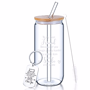 Roshtia 2 Set Friend Gifts for Women Girls Friendship Birthday Sister Gift Glass Cups with Lids and Straw 16 oz Can Shaped Drinking Glasses with Friend Keychains Thank You Gifts for Her BFF