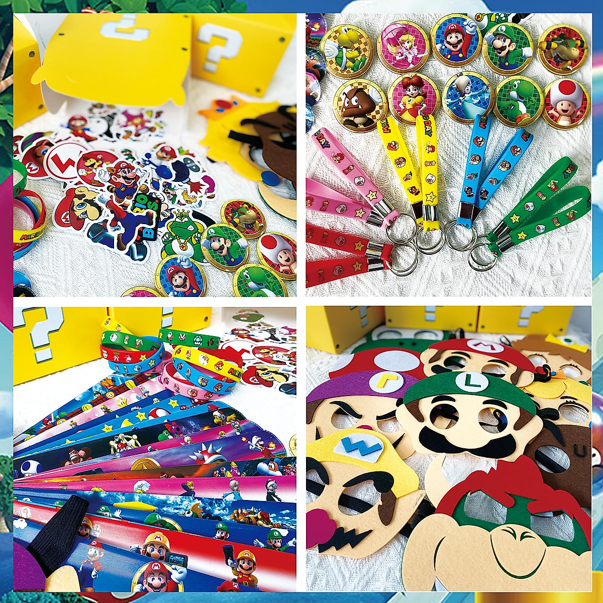 coayhel 115 PCS Birthday Party Favor Supplies, Birthday Party Decorations Set Includes 50 Stickers, 15 Slap Bracelets, 10 Bracelets, 10 Button Pins, 10 Key chains, 10 Box, 10 Mask, mmfavor2024