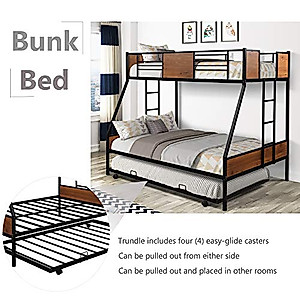 WIILAYOK Metal Bunk Bed Twin Over Full Bunk Bed with Trundle,Heavy Duty Metal Bunk Bed Frame with Safety Rail and Two-Side Ladders for Kids Teens Adults (Black)