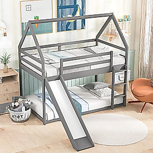 Twin Size Bunk House Bed with Convertible Slide and Ladder,Twin Over Twin Wooden Bed Frame with Guardrails for Kids Teens Girls Boys,Gray
