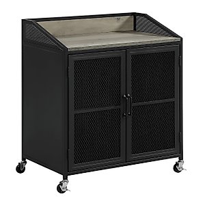 Benjara BM302490 34 in. Wood Grain Bar Cabinet on Wheels with Wire Mesh Doors Black & Brown
