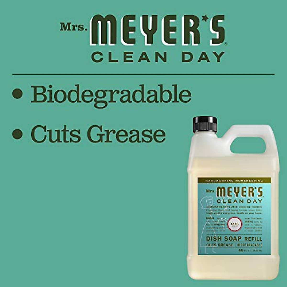 MRS. MEYER'S CLEAN DAY Liquid Dish Soap Refill, Biodegradable Formula, Basil, 48 fl. oz