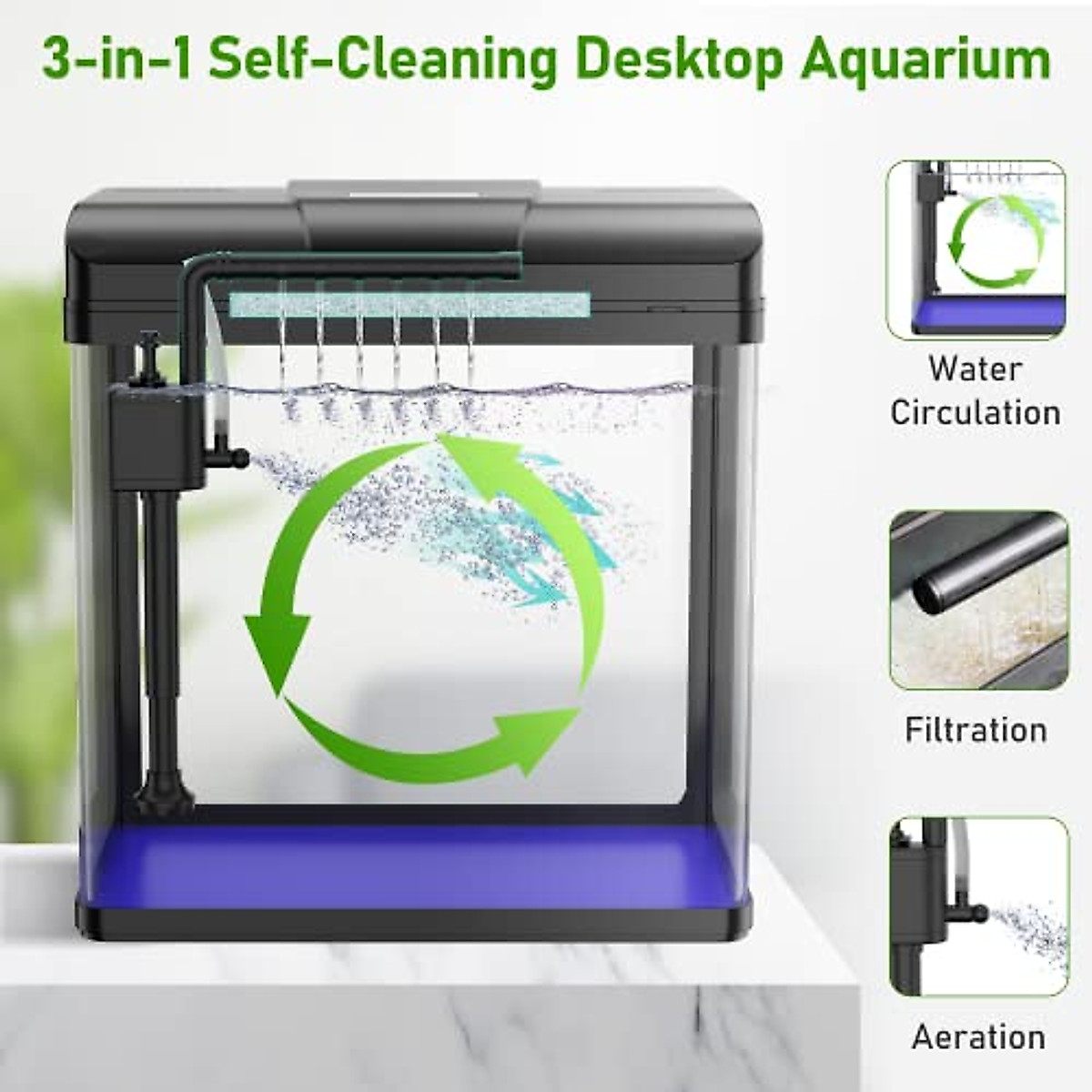 PONDON Fish Tank, 3 Gallon Glass Aquarium with Air Pump, LED Cool Lights and Filter, Small Fish Tank for Betta Fish Starter Kit (Black)