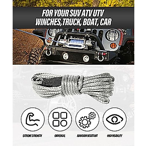 ESEWALAS 1/4''x50ft Synthetic Winch Rope,10,000LBs Synthetic Winch Line Cable Rope,Winch Cable Line with Forged Winch Hook and Black Protecing Sleeve,Car Tow Recovery Cable Winch Accessory (Gray)