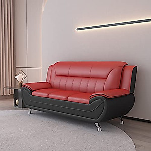 Container Furniture Direct Modern Style Faux Leather Sofa with Extra Comfortable Pillow Top Armrests Ideal for Living Room, Bedroom or Home Office Couch, 79.2’’ Wide, red/Black
