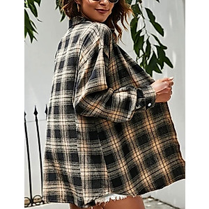 Mingzhu Oversized Button Down Plaid Flannel Shirts for Women Roll Up Long Sleeve Buffalo Blouse Top(0003-Khaki-S)