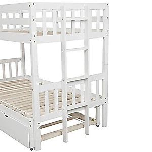 KLMM Twin Over Pull-Out Bunk Bed with Trundle, Wooden Twin Over Twin/Full/Queen/King Accommodate 4 People Extendable Bunk Beds with Ladder and Safety Rail (White)