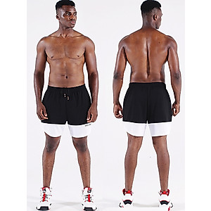 NELEUS Men's 2 in 1 Running Shorts with Liner,Dry Fit Mesh Gym Workout Shorts with Pockets,3 Pack,6094,Black/Grey/Blue,M