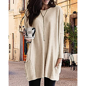 SENSERISE Womens Long Sleeve Long Tunic Tops for Leggings with Pockets Plus Size Casual Long T Shrits(01-Beige,M)