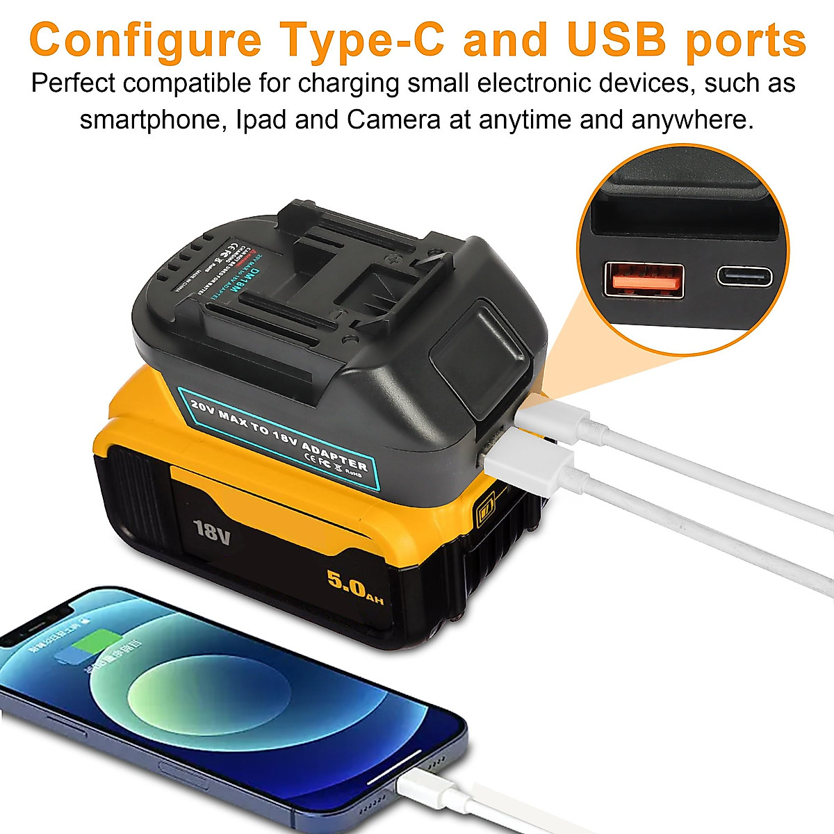 Xinriga DM18M Battery Adapter Compatible with Dewalt 20V MAX Battery and Compatible with Milwaukee M18 18V Battery Covert to Makita 18V Lithium-ion Battery, with USB and Type-C Fast Charging Ports