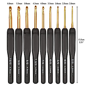 Coopay Black Gold Crochet Hooks Needles for Arthritic Hands, 2.0-6.0mm Crochet Hook Set Ergonomic Soft Grips Knitting Hook for Crochet Yarn Craft, Aluminum Knitting Crochet Supplies Kit for Knitter