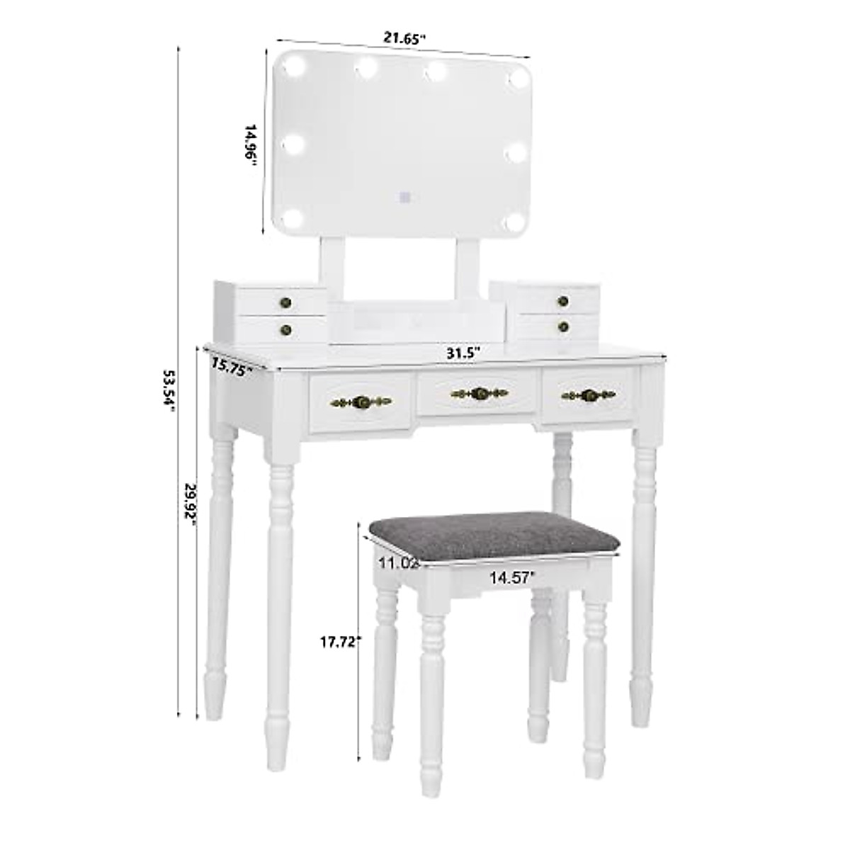 BEWISHOME Vanity Desk with Mirror and Lights, Makeup Vanity with Lights, Vanity Table with 8 LED Bulbs & 3 Colors Lighting, White Vanity Set with 7 Drawers & Stool, Dressing Table Makeup Desk FST13W