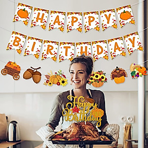 Autumn Birthday Party Decorations,Pumpkin Maple Sunflower Turkey Harvest Farm party supplies Favors,Fall Happy Birthday Banner,Thanksgiving Party Banner,Autumn Birthday Party Cake Topper