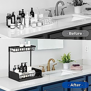 2 Pack Under Sink Organizers and Storage, Metal Pull Out Cabinet Organizer with Sliding Drawer, Slide Out Under Sink Organizer Shelf, Multi-Use for Kitchen Bathroom Organization
