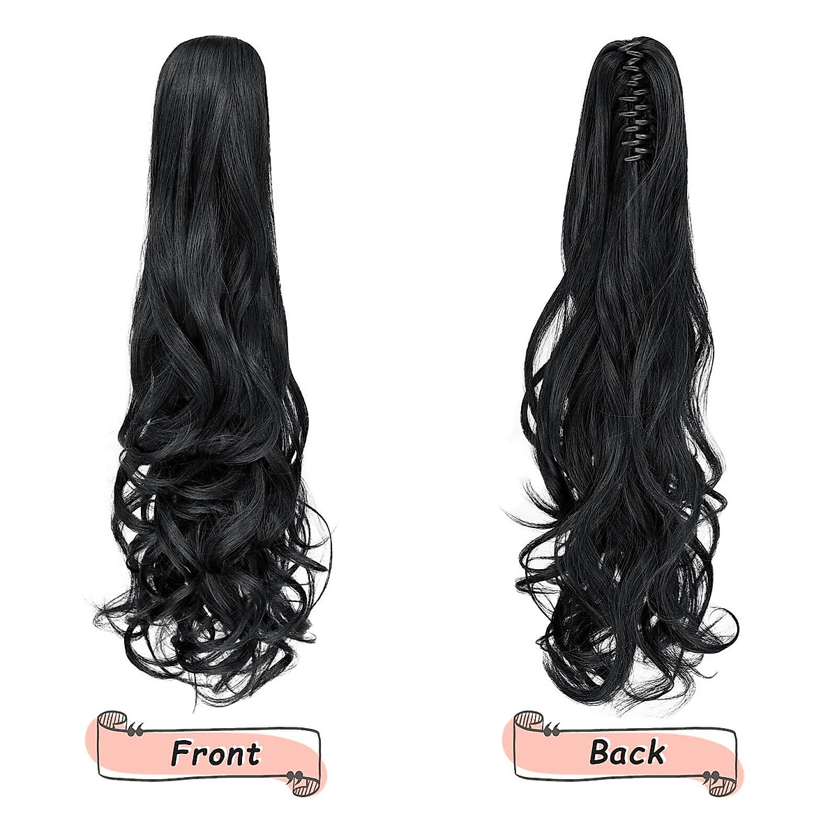 HEWEICSY Ponytail Extension,Hair Extension Ponytail 22" Long Claw Hair Extension Synthetic Curly Wavy Hairpieces Ponytail Clip in Ponytail Wig Daily Fluffy Pony Tail for Women,Black