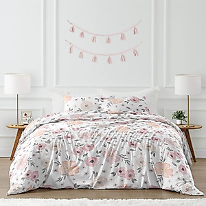 Sweet Jojo Designs Blush Pink, Grey and White Shabby Chic Watercolor Floral Girl Full/Queen Kid Childrens Bedding Comforter Set 3 Pieces - Rose Flower
