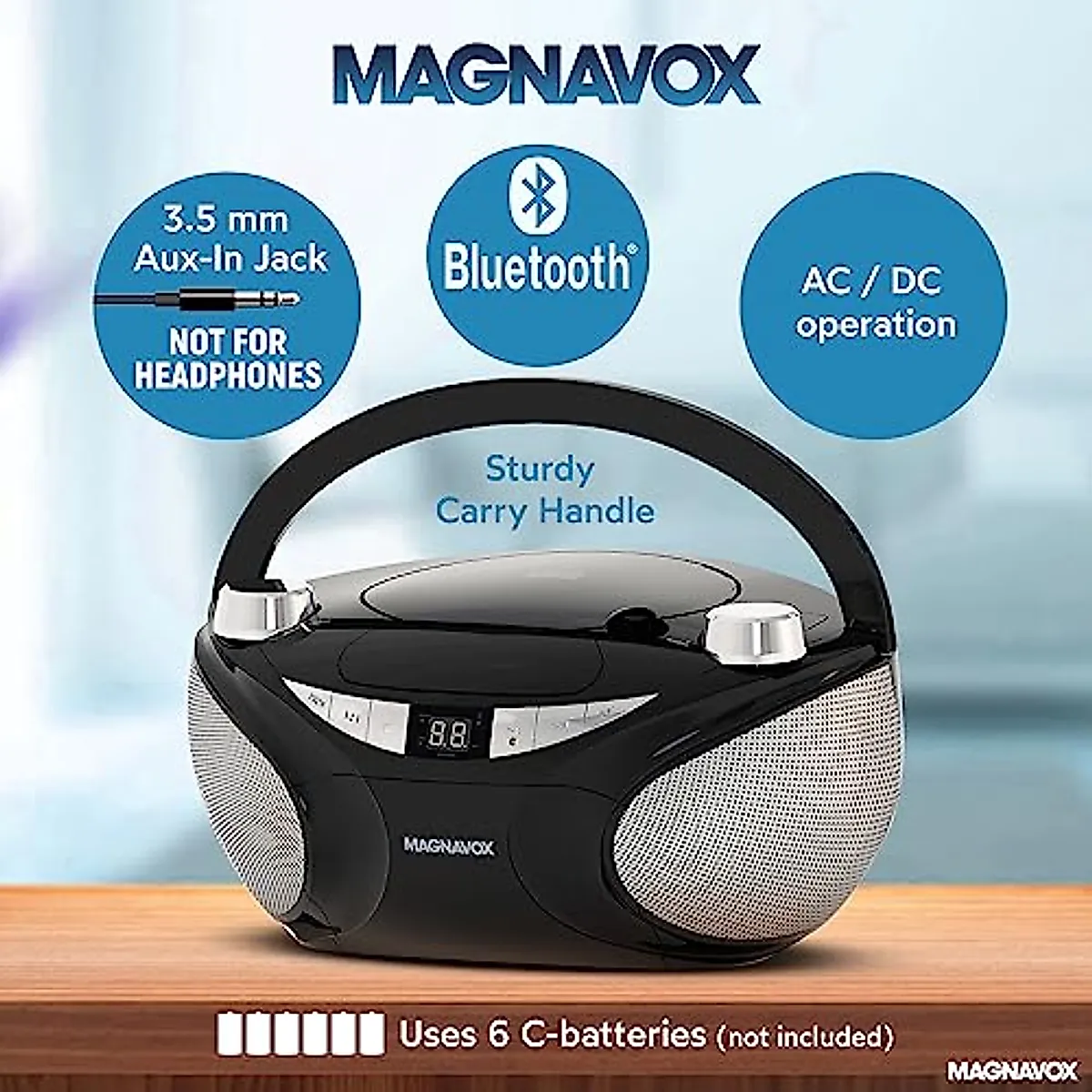 Magnavox MD6949-BK Portable Top Loading CD Boombox with AM/FM Stereo Radio and Bluetooth Wireless Technology in Black | CD-R/CD-RW Compatible | LED Display |