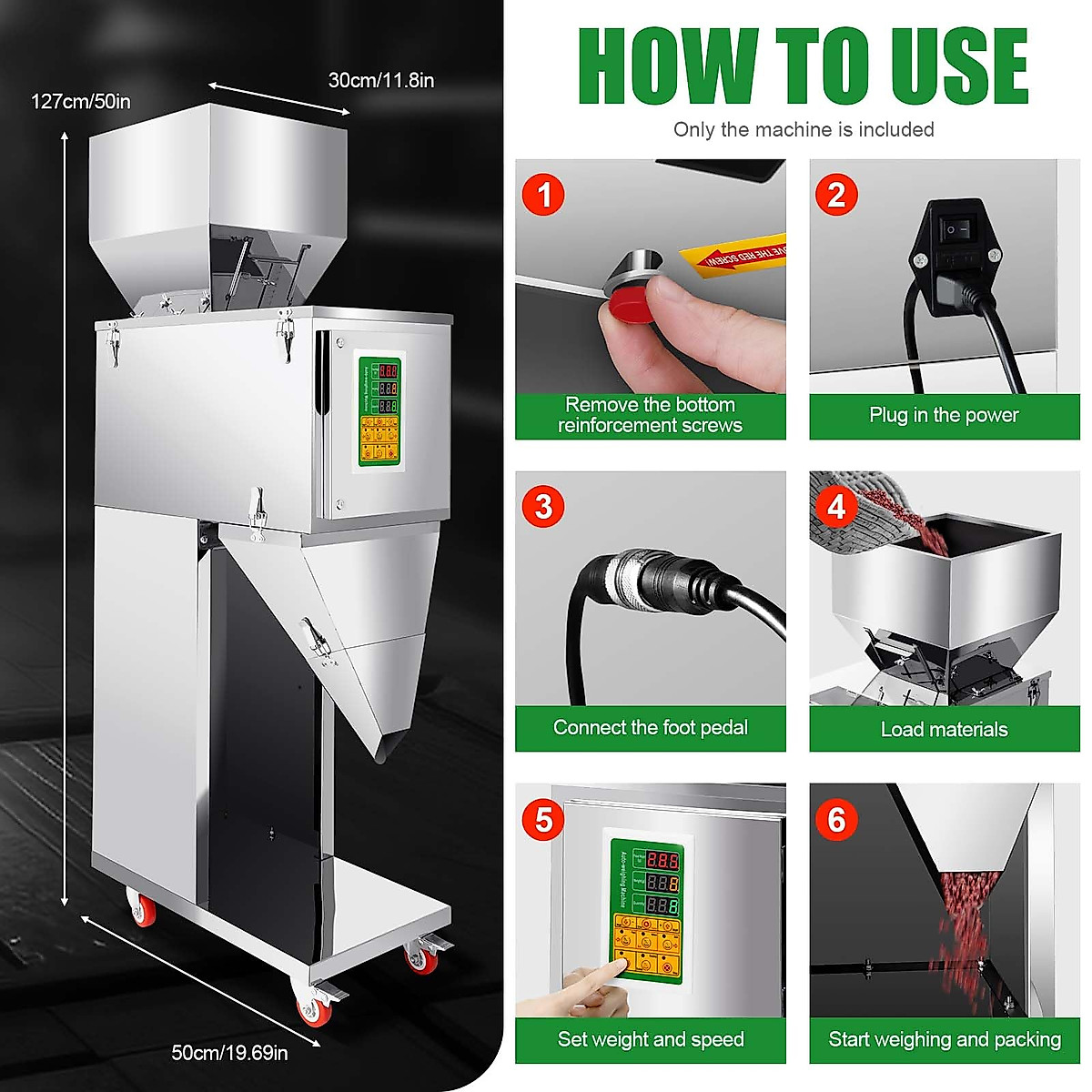 Filling Machine,10-999G 110V Automatic Bottle Bag Packing Filling Machine Weigh Filler Adjustable Filling Range 12-15bags/min for Tea Seed Grain with Foot Pedal USA