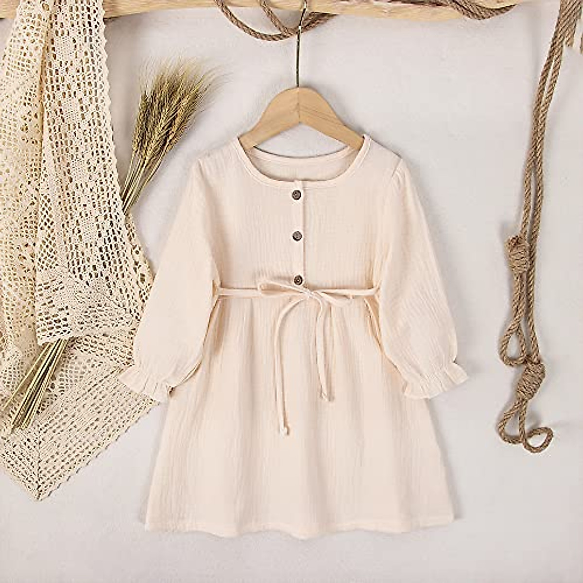 IZYJOY Toddler Baby Girl Cotton Linen Dress Long Sleeve Crew Neck Dresses Button Down Adjustable Belt Casual Fall White Dress (Beige, 4-5T)